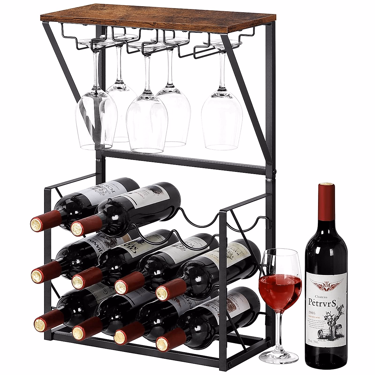 LIANTRAL 3 Tier Wine Rack, Hold 12 Bottles and 8 Wine Glass Rack Wine Holder, Freestanding Wine Rack for Home, Kitchen, Bar, Wine Cellar, Cabinet