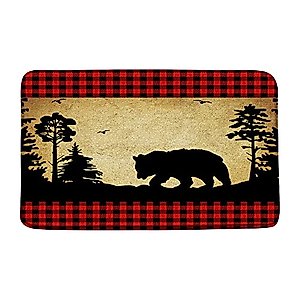 Black Bear Plaid Bath Mat Rustic Cabin Red Black Buffalo Check Wild Animal Forest Silhouettes Camping Country Vintage Farmhouse Bathroom Mat Rug Memory Foam Carpet Doormat(18x30 Inch)