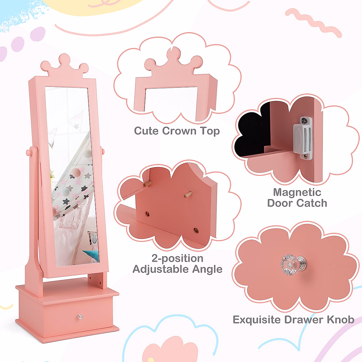 GOFLAME Kids Jewelry Armoire, Children’s Jewelry Cabinet with Full Length Mirror & Storage Drawers, Freestanding Jewelry Organizer for Girls, Birthday/Christmas Gift (Pink)