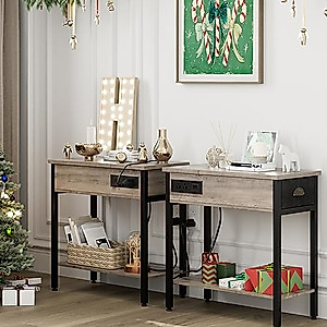 23 "End Table with Charging Station- Flip Top Narrow Side Tables With Storage Drawers/USB Ports/Outlets Sofa Couch Bedside Table Night Stand Furniture for Living Room Bedroom Office Small Spaces