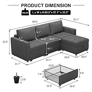 Belffin Modular Sectional Sofa Couch Set with Ottoman Morden Fabric Convertible Pull Out Couch with Reversible Chaise and Storage Drawers 3-Seat Sofa Sectionals L Shape Couch for Apartment Black Grey