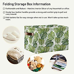 senya Large Foldable Storage Basket, Tropical Pattern Green Leaves Fabric Storage Bin Organizer Bag with Handles 15 x 11 x 9.5 inch