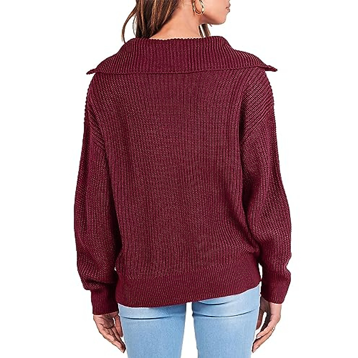KIRUNDO Women's 2023 Fall Winter Long Sleeve Quarter Zip Pullover Casual V Neck Ribbed Knit Sweaters Jumper Tops(Wine Red, Medium)