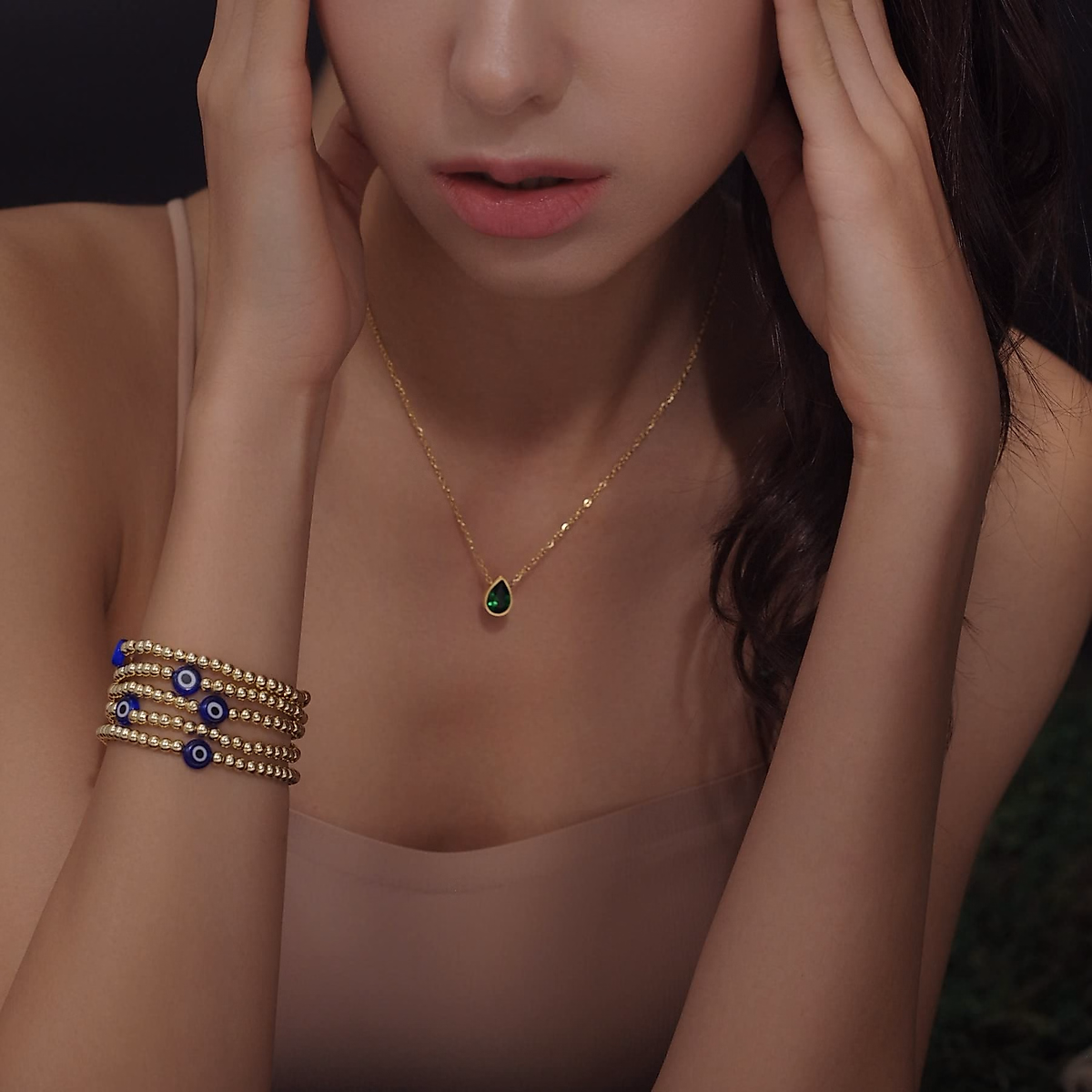 Badu 18K Gold Green Created Gemstones 7x10mm teardrop Necklace for Women Solitaire Cubic Zirconia Jewelry Mothers Day Anniversary Birthday Gifts for Mom Wife Her