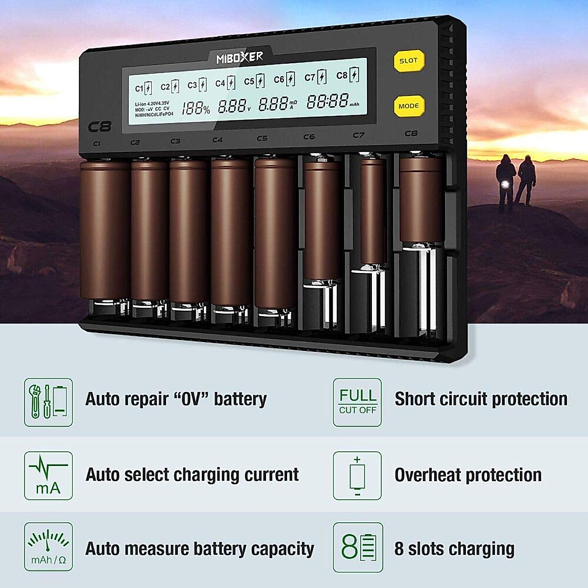 MiBOXER 18650 Battery Charger, 8-Bay Smart Charger with Automatic LCD Display, Fast Charge Rechargeable Li-ion LiFePO4 Ni-MH Ni-Cd AA AAA C 21700 26650 13650 16340 18350 18700 RCR123