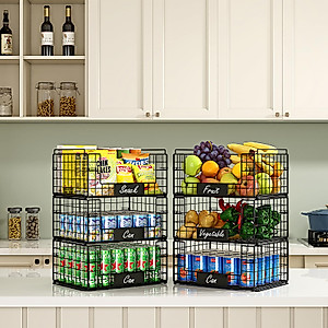 JKsmart 3 Pack XXL Stackable Wire Baskets with Handles for Pantry Storage and Organization, Fruit and Vegetable Basket with Name Plates, Metal Storage Bins for Snack Can Fruit Veggies