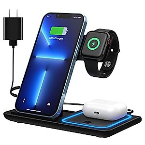 UUTO Wireless Charger, 3 in 1 Foldable Qi Wireless Charging Station for iPhone 14/13/13 Pro/13 Pro Max/Mini/12 11 Series/X/XS/XR/XS Max/8/8 Plus/SE 2, AirPods 3/2/Pro, iWatch Series 8/7/6/SE/5/4/3/2