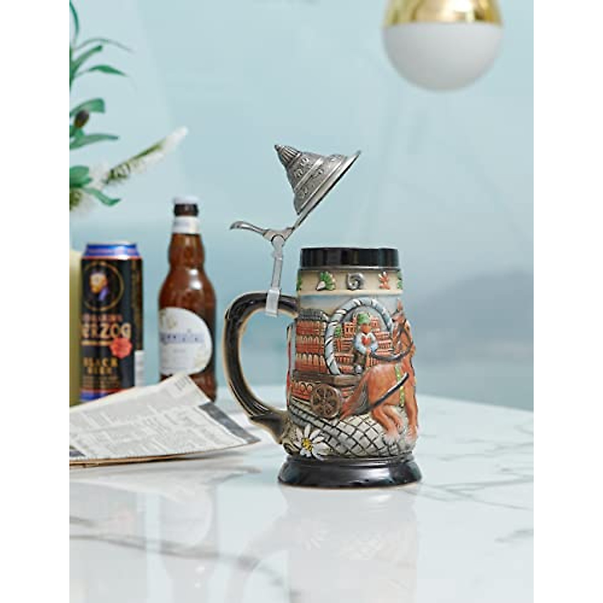 HAUCOZE Beer Stein Mug German Oktoberfest Stanley Viking Tankard with Petwer Lid Birthday Gifts 0.9Liter