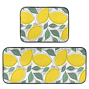 Fresh Watercolor Lemons Kitchen Rugs and Mats Set 2 Piece Non Slip Washable Runner Rug Set of 2 for Kitchen Living Room Floor Home Decor
