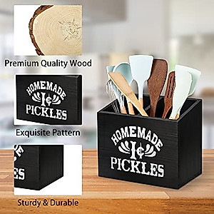 Y&ME YM Kitchen Utensil Holder, Wood Utensil Crock, Kitchen Utensil Caddy With 2 Compartments, Farmhouse Utensil Organizer Cookware Caddy, Rustic Utensil Organizer for Kitchen