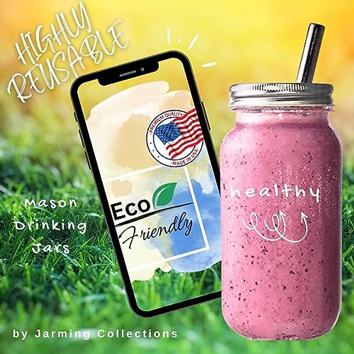 JARMING COLLECTIONS Reusable Freezer Safe Smoothie Cups with Lids and Straws - Mason Drinking Jar (2- 24oz)
