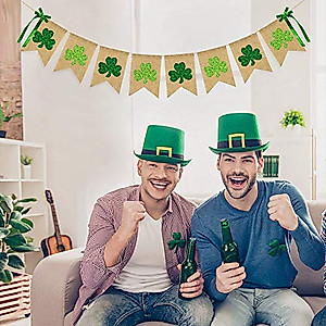 CAVLA Glittery Shamrock Burlap Banner St. Patrick's Day Green Shamrock Clover Banner Garland with Bows Saint Patrick's Day Party Decorations for Irish Lucky Day St. Patty’s Day Home Outdoor Decor