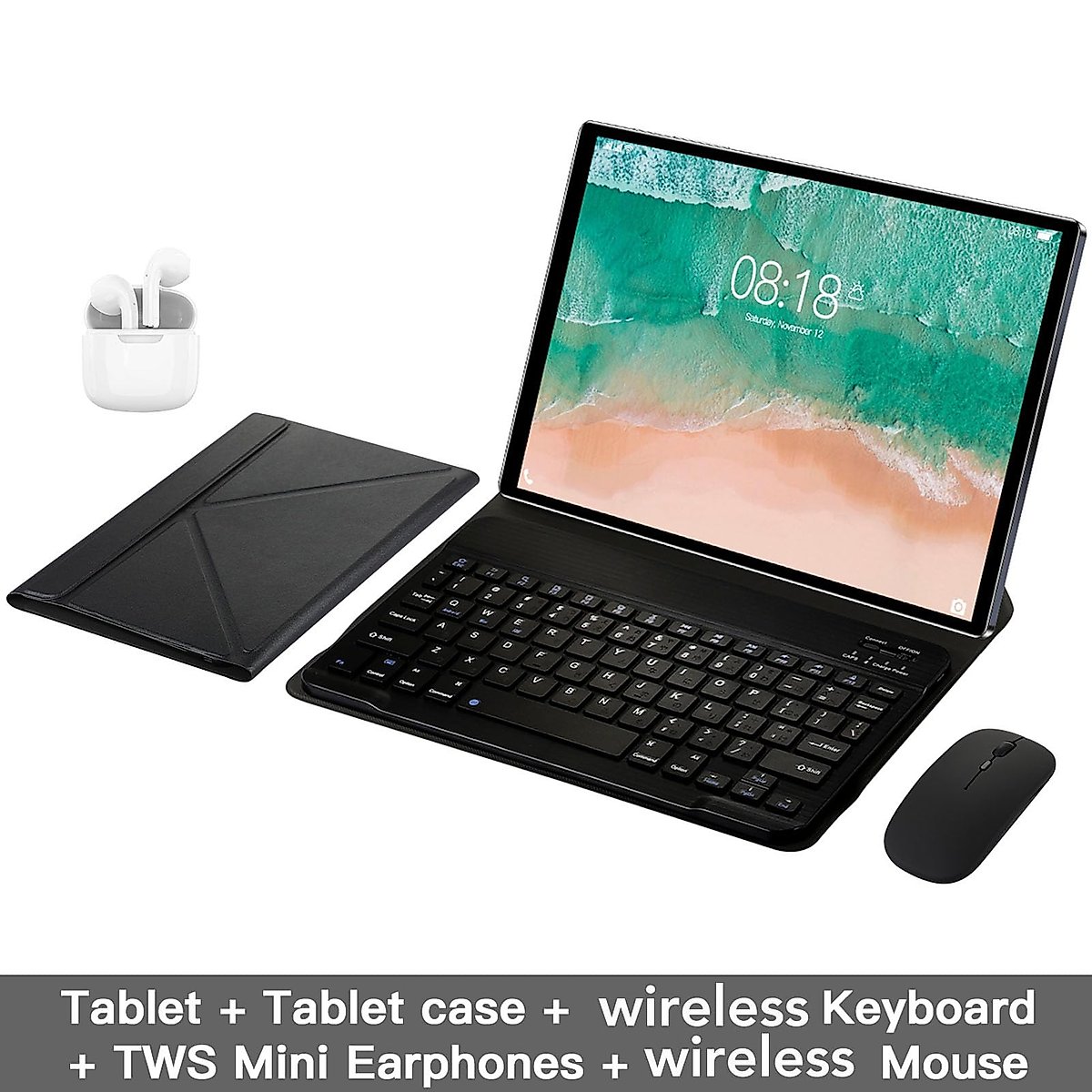 10.1 Inch Tablet for Android 12, 2 in 1 Tablet with Earphones Keyboard Mouse, 5G WiFi 6GB RAM, 128GB ROM, 20+50MP Dual Camera, High Performance Deca Core CPU (US Plug)