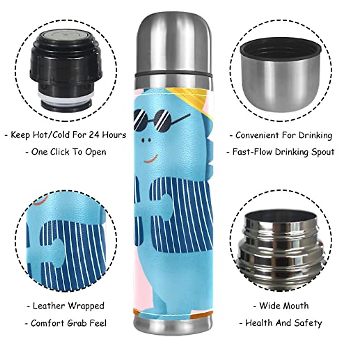 Stainless Steel Leather Vacuum Insulated Mug Dinosaur Thermos Water Bottle for Hot and Cold Drinks Kids Adults 16 Oz