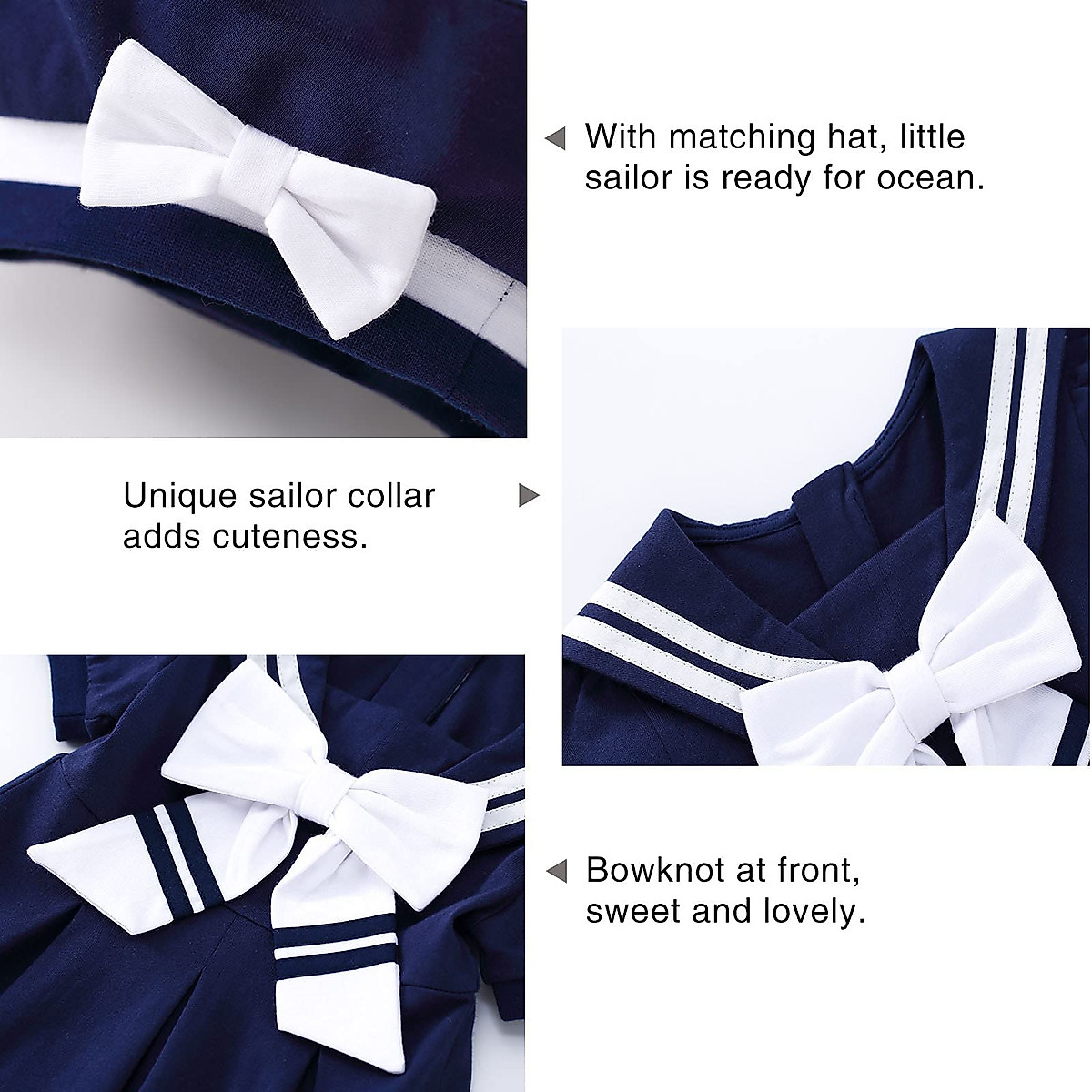 bonbonPomme Baby Girl Nautical Dress with Hat Short Sleeve 100% Cotton Playwear Dress Navy 18-24 Months