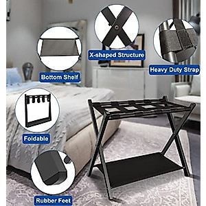 Queension Folding Luggage Rack Stand with Shelf for Guest Room, Foldable Metal Suitcase Storage Caddy Holder for Bedroom Hotel Essentials, Black, 1pack