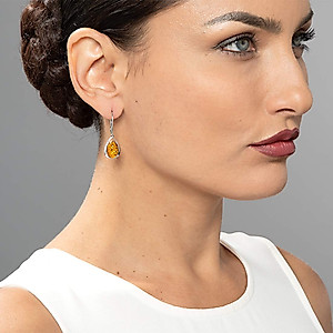 Peora Genuine Baltic Amber Dangle Earrings for Women 925 Sterling Silver, Solitaire Studs, Oval Shape, Rich Cognac Color, Lever backs