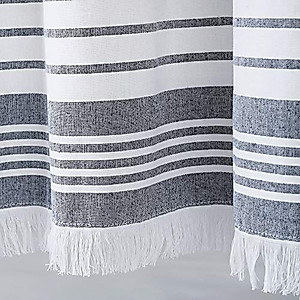 Lush Decor, Navy Nantucket Yarn Dyed Cotton Tassel Fringe Window Curtain Panel Pair, 84" x 40", 84 in x 40