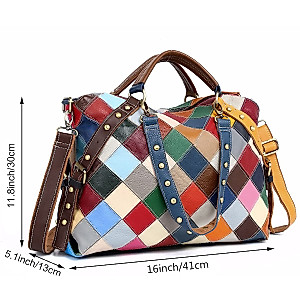 RainboSee Women Random Multicolor Handbag Genuine Leather Cube Splicing Shoulder Satchels