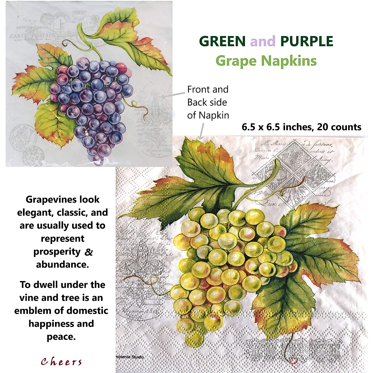 20-ct 13x13 Purple Grape Napkins Decoupage Napkins Luncheon Cocktail Paper Napkins Decorative Paper Napkins for Dessert Birthday Wedding Anniversary Dinner Napkins Paper for ALL Seasons Mom Dad Artist