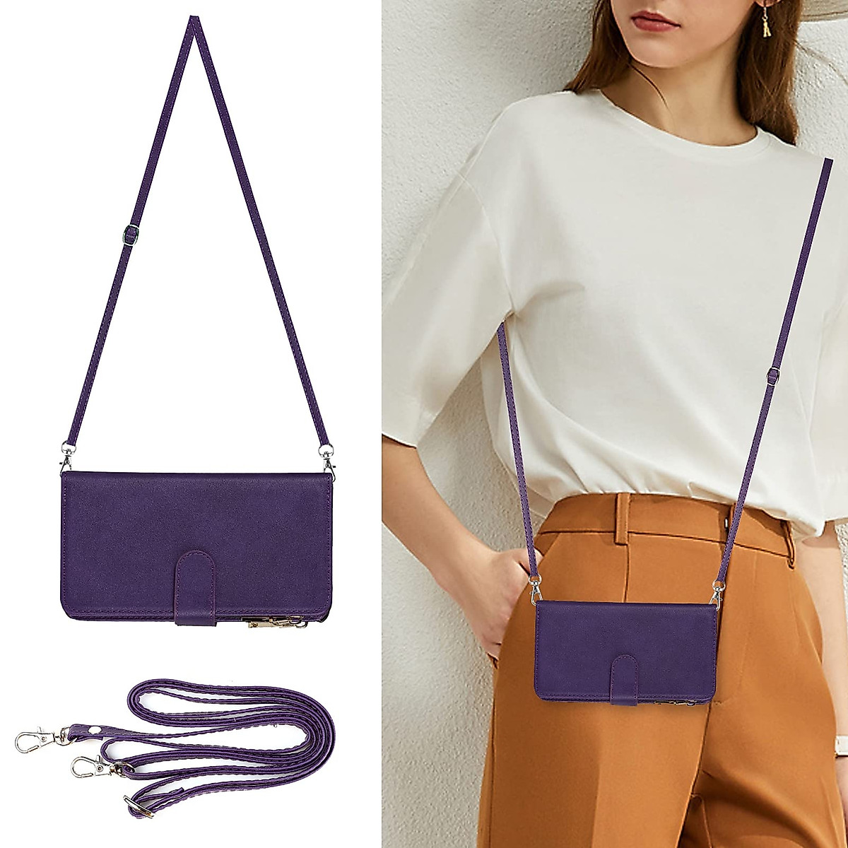 Jaorty Samsung Galaxy A32 5G Wallet Case,[9 Card Slots] Removable Adjustable Crossbody Necklace Lanyard Shoulder Strap Zipper Magnetic Leather Case for Samsung Galaxy A32 5G,6.5 inch Purple