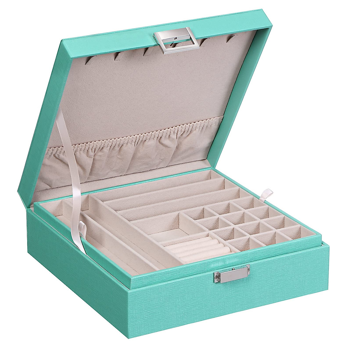 BEWISHOME Jewelry Box Gifts for Girls Women Jewelry Organizer Box 2 Layers Velvet Jewelry Boxes with Necklace Hooks, PU Leather Jewelry Storage Case for Rings, Earrings, Bracelets Cyan SSH71Q