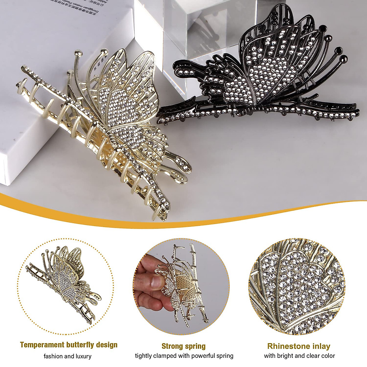 CROWN GUIDE Large Cute Butterfly Claw Clips for Women Girls Curly/Thick/Fine Hair, Big Rhinestone Hair Clips, Strong Hold Hair jumbo Jaw Clip Hair Styling Accessories