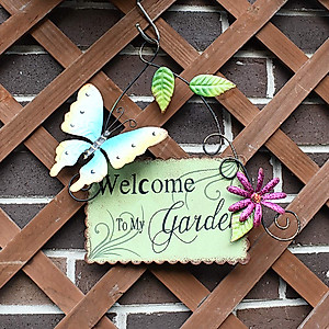 E-view Metal Welcome Sign Rustic Wall Hanging Plaque - Decorative Welcome Flower Signs for Porch Front Door Farmhouse Home Decoration Garden Themed Wreath Ornament (Green)