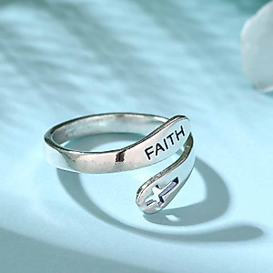 Haoze Inspirational Gifts for Women Stainless Steel Silver Cross Faith Ring Open Statement Rings For Women(Faith)