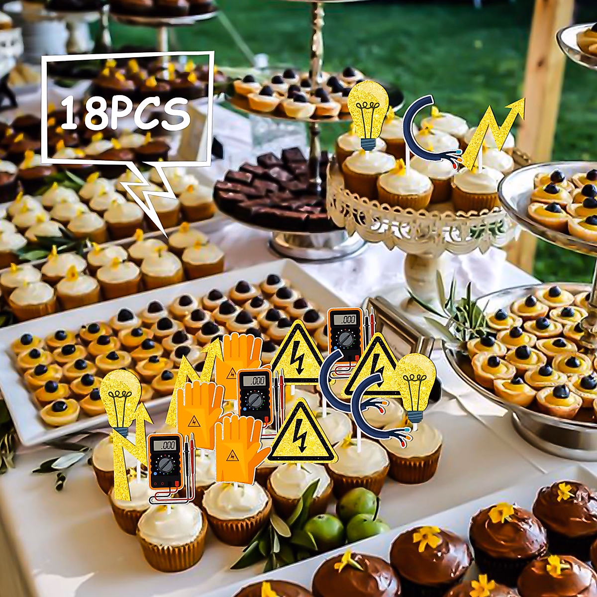 18pcs Gold Glitter Tools Dessert Cupcake Topper Power Electrician Lineman Theme Decor Supplies Boy Man Happy Birthday Party Decorations
