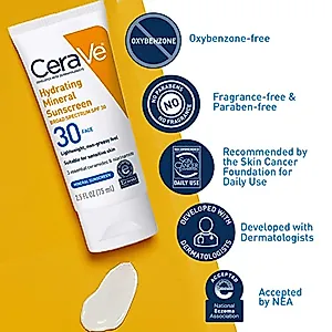 CeraVe 100% Mineral Sunscreen SPF 30 | Face Sunscreen with Zinc Oxide & Titanium Dioxide for Sensitive Skin | With Hyaluronic Acid, Niacinamide, and Ceramides | 2.5 oz