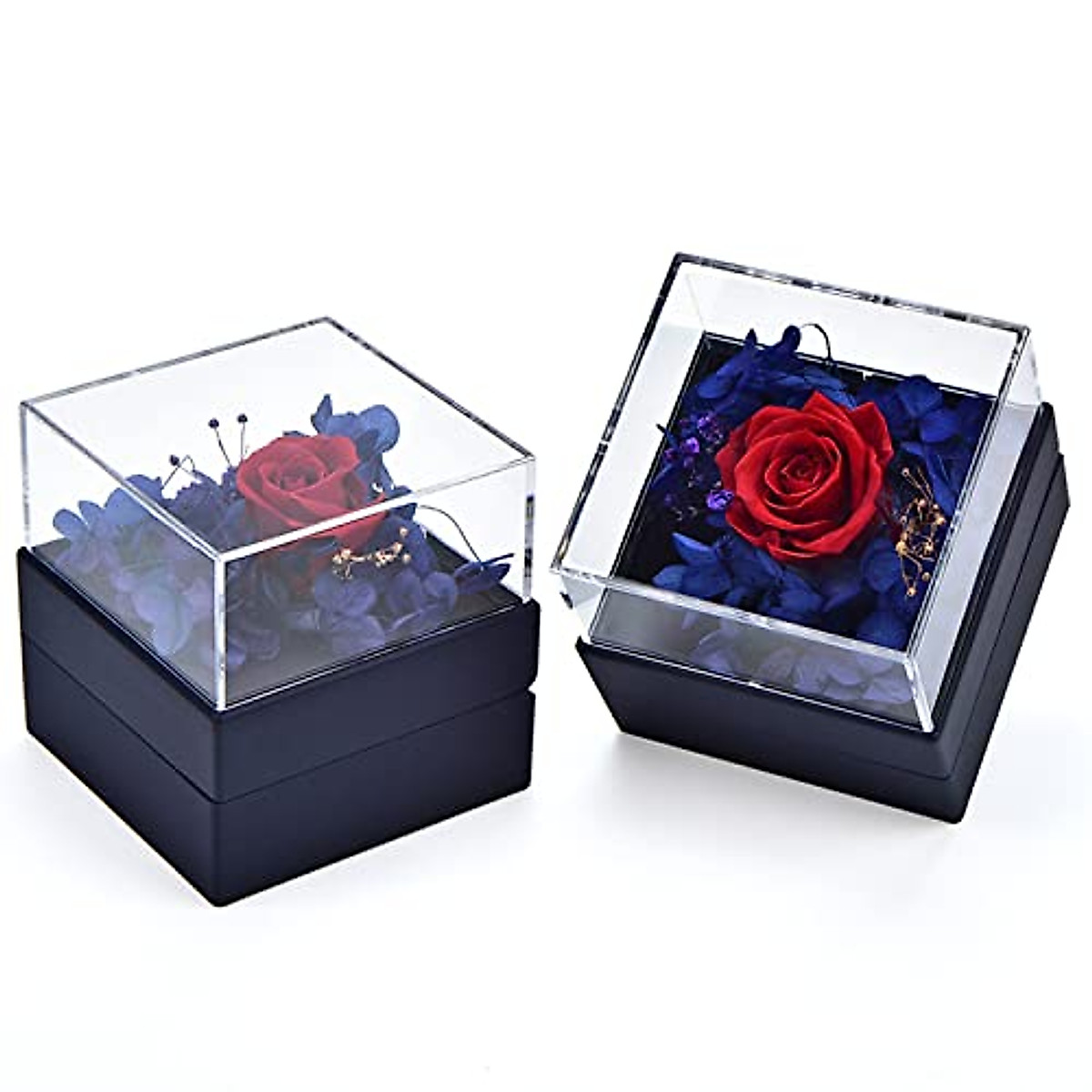 YAGELI Preserved Flower Ring Box for Wedding Ceremony - Acrylic Square Jewelry Box Double Ring Display Case Holder for Valentine's Day, Mother's Day, Gift for Her