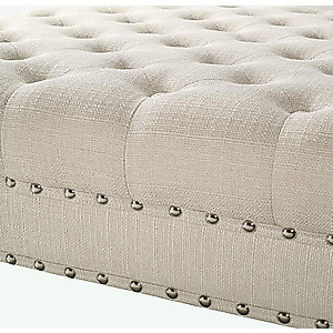 24KF Large Square Upholstered Tufted Button Linen Ottoman Coffee Table, Large Footrest Bench with Casters Rolling Wheels-Ivory