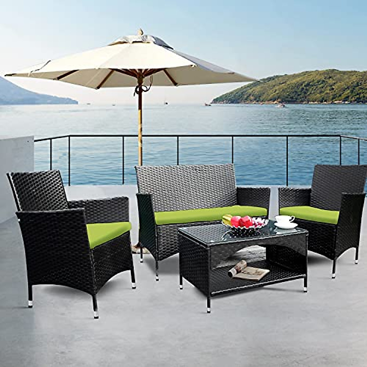ZLXDP 4PCS Patio Furniture Outdoor Garden Conversation Set Black Wicker 2 Armchairs+1 Double Sofa+1 Table w/Green Cushion