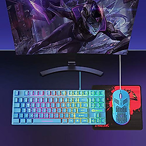 Gaming Keyboard and Mouse Combo,88 Keys Compact Rainbow Backlit Mechanical Feel Keyboard,RGB Backlit 6400 DPI Lightweight Gaming Mouse with Honeycomb Shell for Windows PC Gamers (Blue)