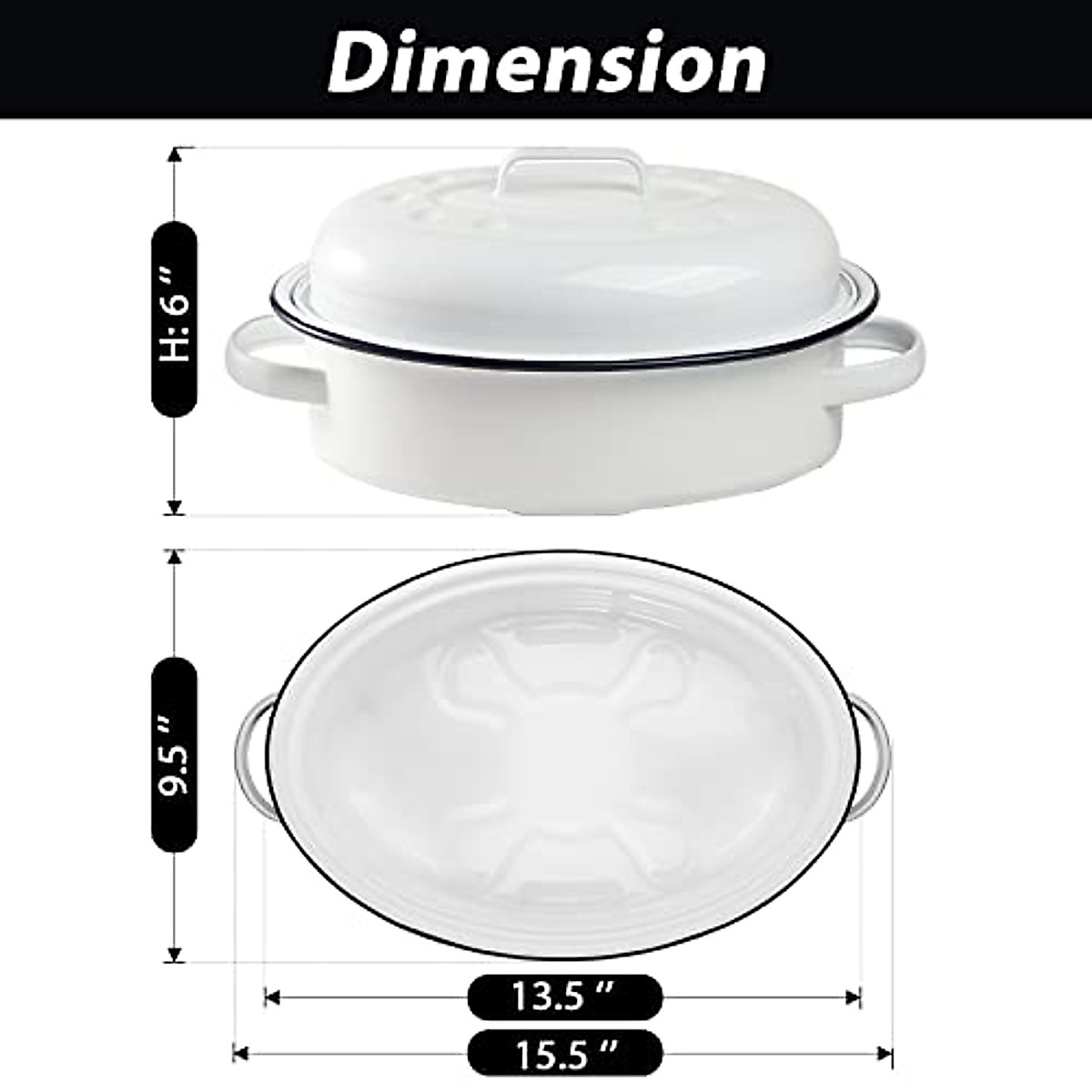 Webake Enameled Roasting Pan with Lid, Covered Roaster Pan Oval Pot Enamelware Cookware, 15.5 Inch, Vintage Farmhouse White