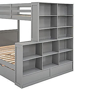 BIADNBZ Twin Over Full Bunk Bed with Trundle and Shelves Storage, Wooden Versatile Detachable BunkBed Frame for Kids Teens Adults Bedroom Dorm, Grey