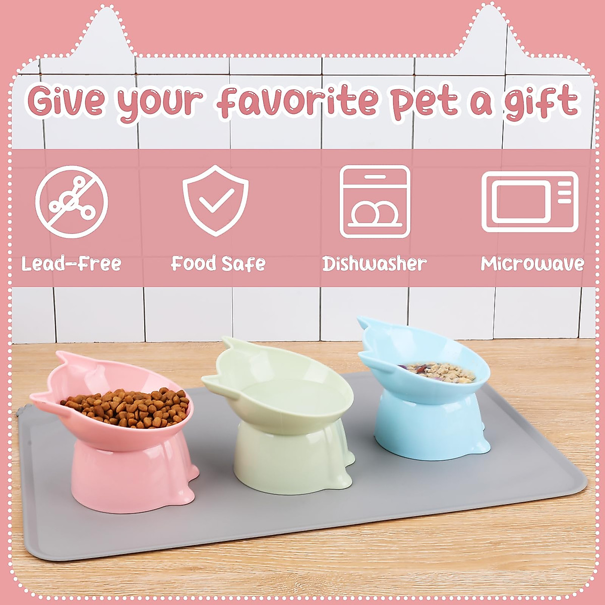 3 Pcs Elevated Cat Bowls 15°Cat Elevated Food Bowl with Silicone Mat Cat Bowls Elevated Whisker Friendly Anti Vomiting Cat Elevated Food and Water Bowls for Indoor Cats and Kittens