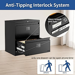 TOPKEY 2 Drawer Lateral File Cabinet with Lock, Metal Filing Storage Vertical Cabinets for Home Office Hanging Letter/Legal/F4/A4, Lockable Metal Horizontal File Cabinet with Card Slot(Black)
