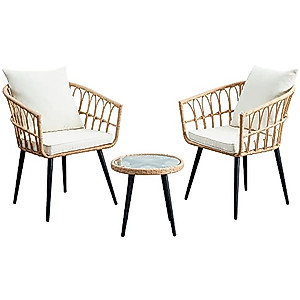 IJIALIFE 3 Pieces Patio Bistro Sets, Patio Conversation Chairs Outdoor Wicker Rattan Furniture Set with Soft Cushions Glass Side Table for Backyard Balcony Deck
