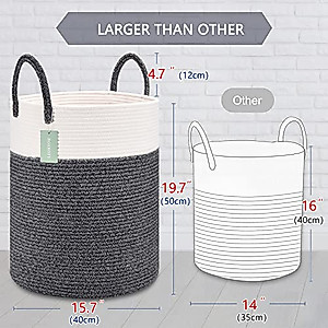 BOSROTY Extra Large Blanket Basket, Tall Laundry Basket, Laundry Hamper, Large Storage Basket, 15.7”x 19.7”, Cotton Rope Basket, Woven Basket, Toy Basket, Clothes Baskets, White & Black