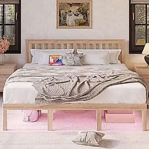 Natural Solid Rubber Wood King Bed Frame with Outlets, Platform Bed with Wooden Headboard and Slats, No Box Spring Needed, Easy Assembly, King Size