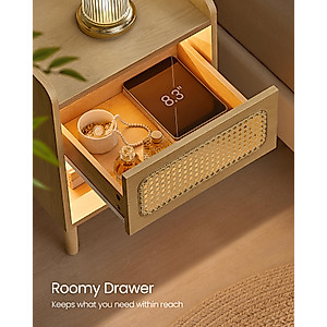 VASAGLE BOHOVEN Collection - Nightstands with Charging Station, Set of 2, Bedside Tables with Motion Sensor Lights, Rattan-Like Side End Tables, Solid Wood Legs, for Bedroom, Boho Style, Oak Beige