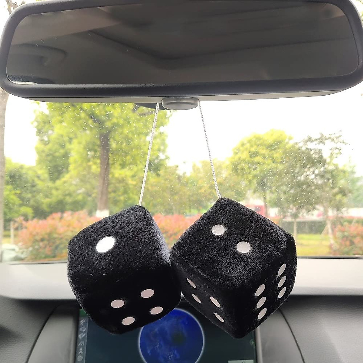 [4 DICE 2 Pack] Retro Hanging Dice for Car Mirror Black and White (Nostalgic 80’s Fuzzy Car Dice for Mirror) Plush Car Accessories (Set of 2)
