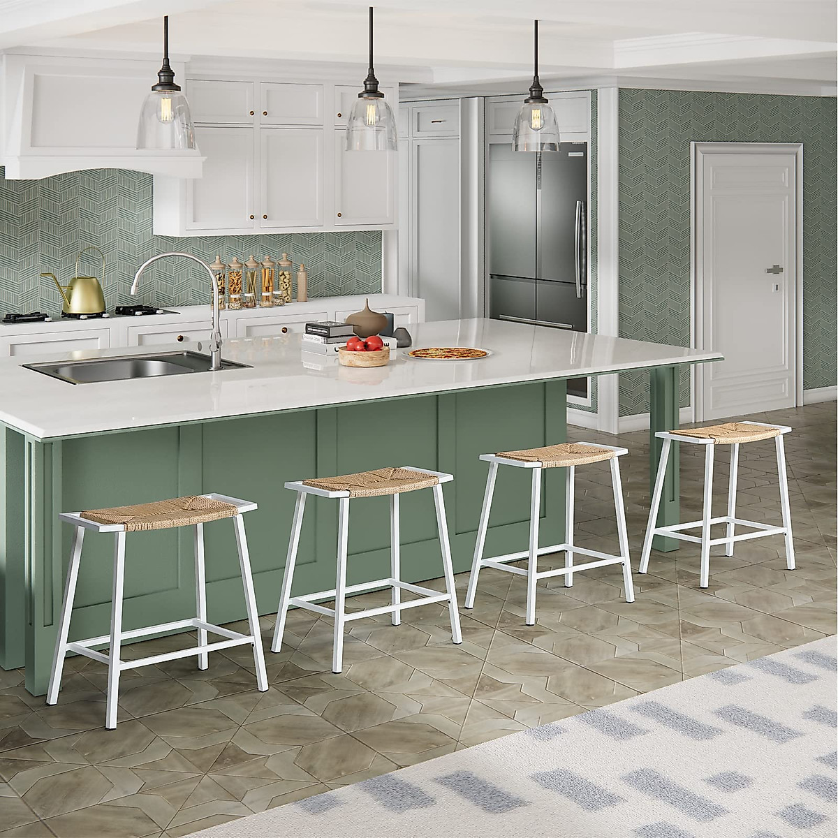OUllUO 26'' Bar Stool, Weave Bar Height Counter Stools, Backless Wicker Saddle Stools for Kitchen Island, Rope Rattan Barstools with Metal Base, 919WT-1Pc