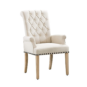 Restworld Dining Room Chairs with Arms,Tufted Upholstered High Back Nailed Trim with Untique Oak Wood Legs for Kitchen Restaurant Room Bedroom (Beige)
