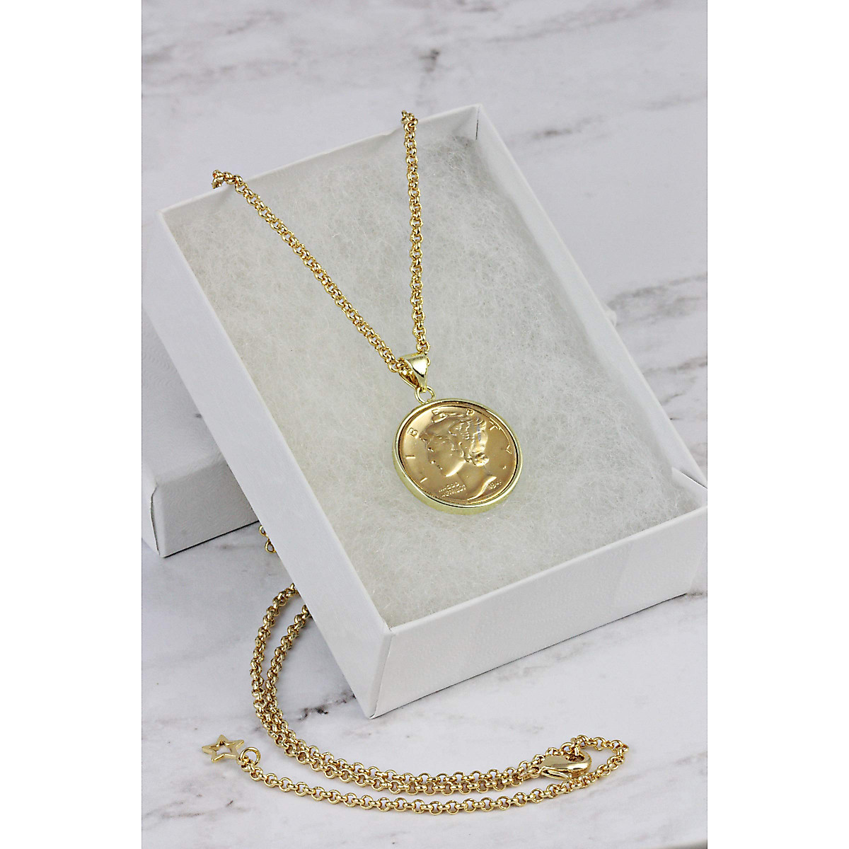 American Coin Treasures Gold-Layered Silver Mercury Dime Goldtone Coin Pendant with 18" Chain Necklace - Genuine and Elegant Keepsake Jewelry for Women | White Luxury Gift Box Included