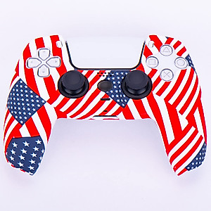 YoRHa Water Transfer Printing Silicone Thickened Cover Skin Case for PS5 Controller x 1(US Flag) with Thumb Grips x 10