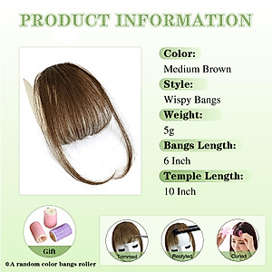 100% Human Hair Bangs Clip in Hair Extensions, Medium Brown Clip on Bangs Wispy Bangs Fringe with Temples Hairpieces for Women Curved Bangs for Daily Wear
