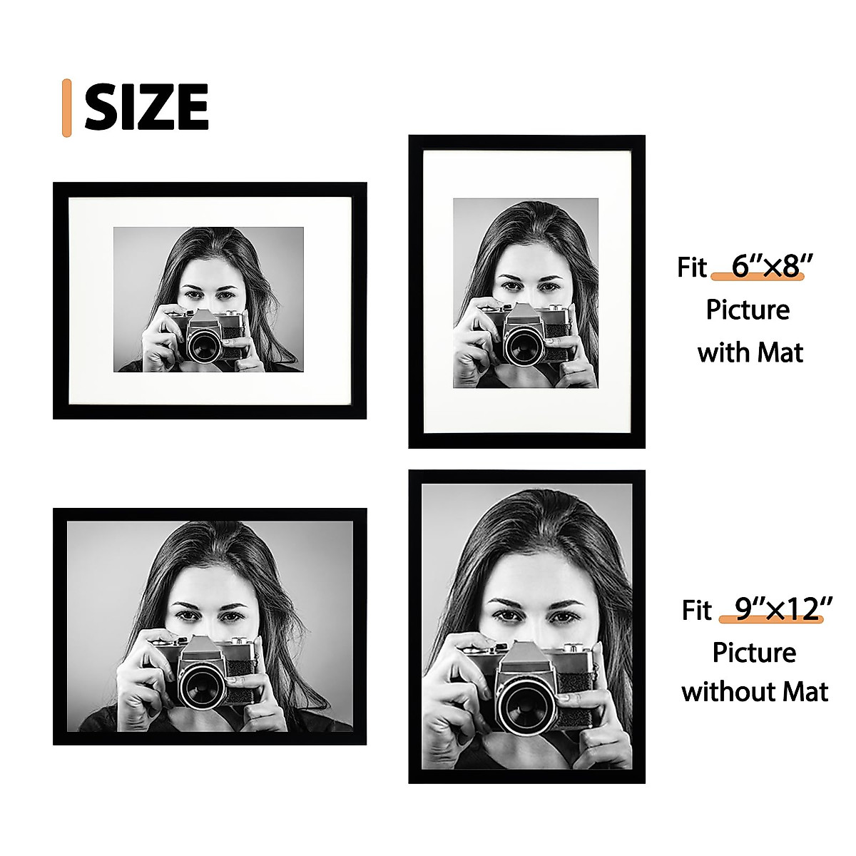 Fixwal 9 x 12 Black Picture Frame Set of 4, Display 6 x 8 Picture with Mat or 9 x 12 with Out Mat for Wall Hanging Display